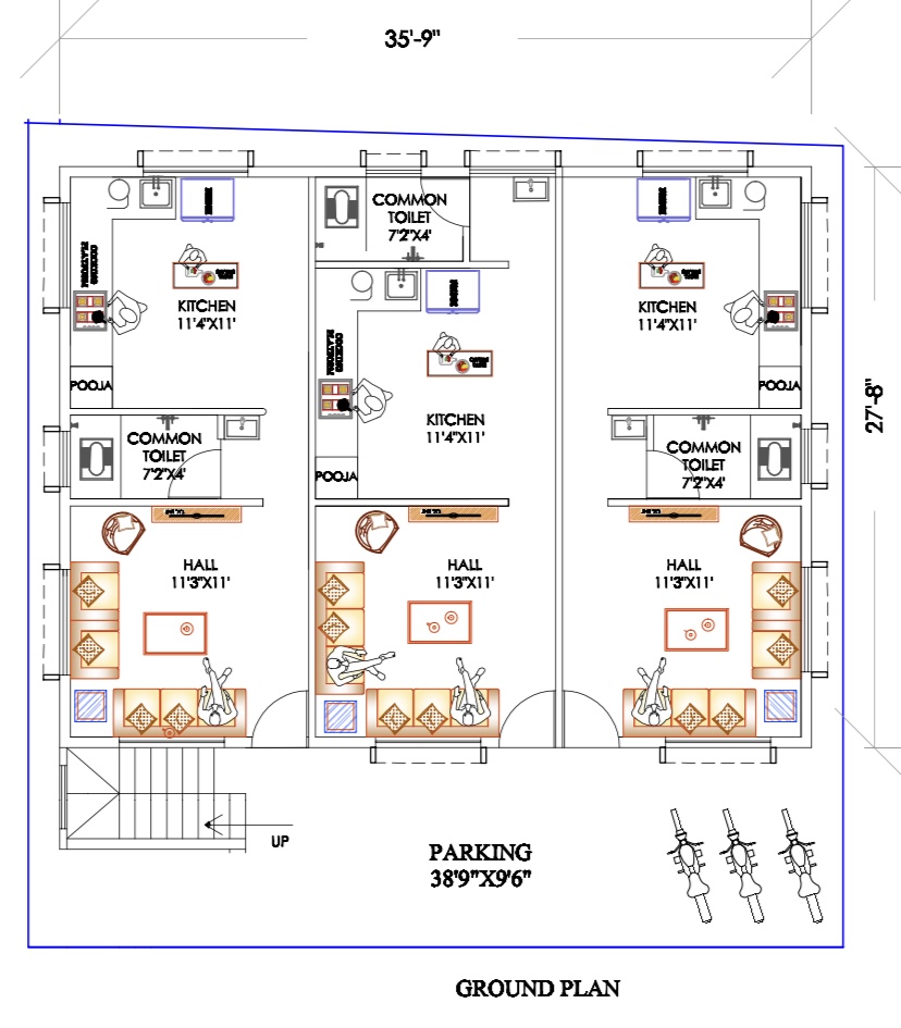 Row House Design AutoCAD 1000 sq ft /two BHK house in 750sq ft
