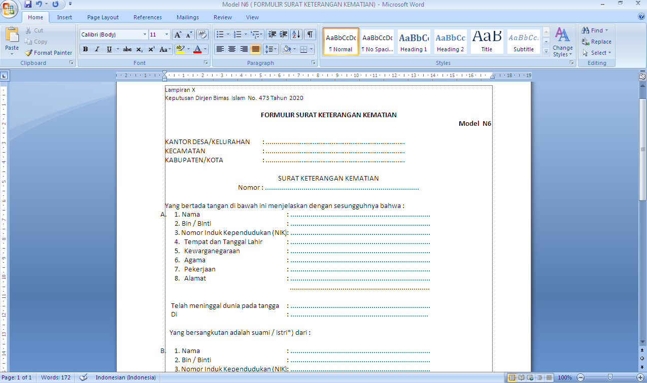 Surat Keterangan Kematian (Model N6 Terbaru 2020) - antapedia.com