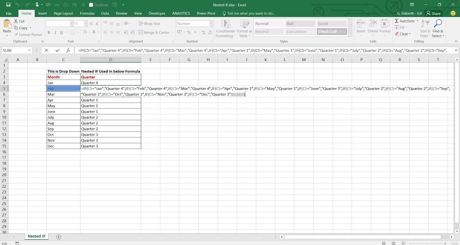Excel Screen Shot with example of Nested IF