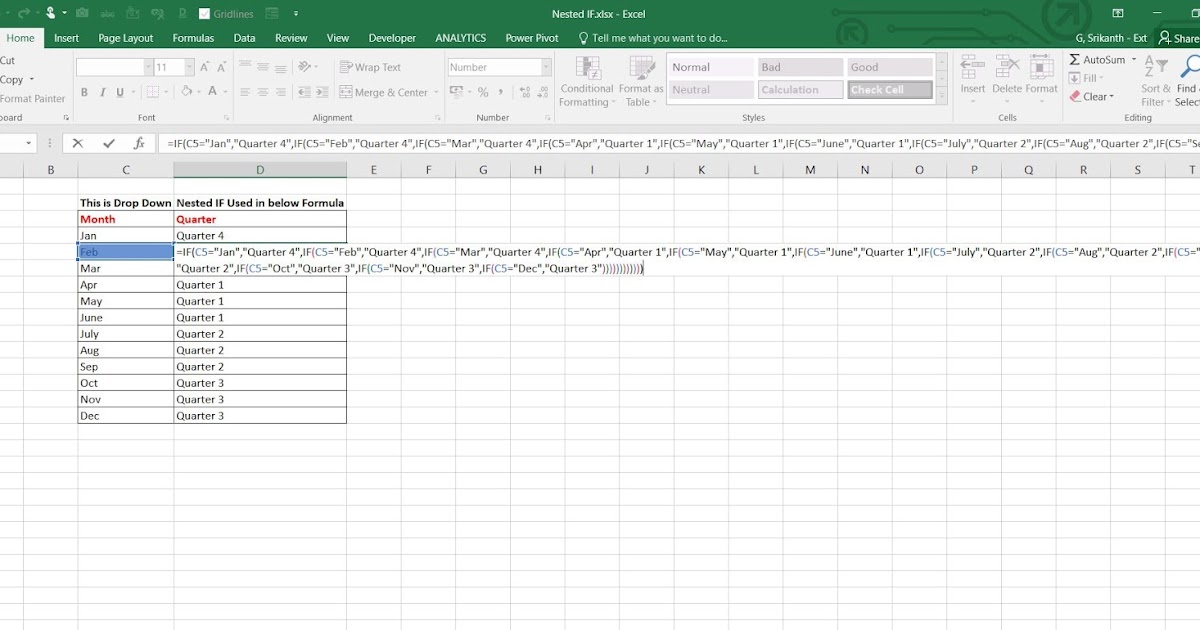 Excel Screen Shot with example of Nested IF