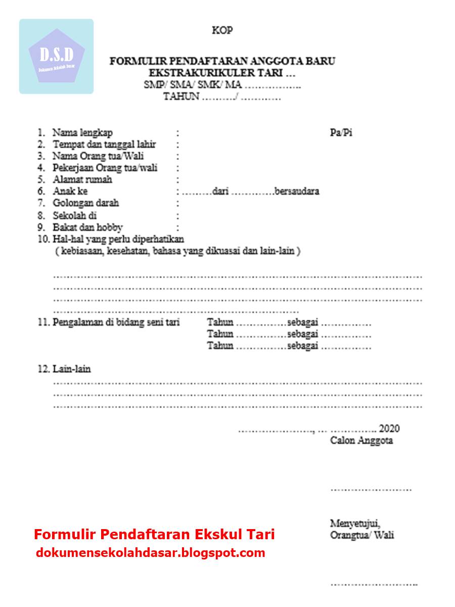 Contoh Formulir Pendaftaran Ekskul Lengkap Dokumen Sekolah Dasar - Riset