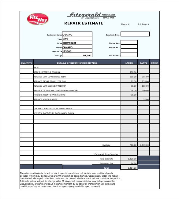 Free Auto Body Repair Estimate Forms Invoice Template Free Auto Body Repair Estimate Forms Invoice Template