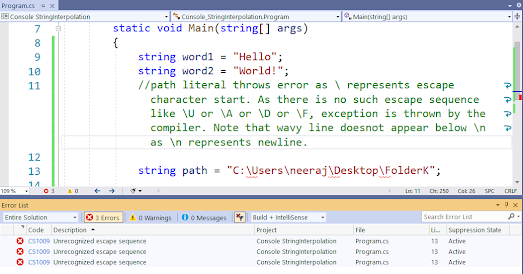 C# Escape sequence, string verbatim and String Interpolation