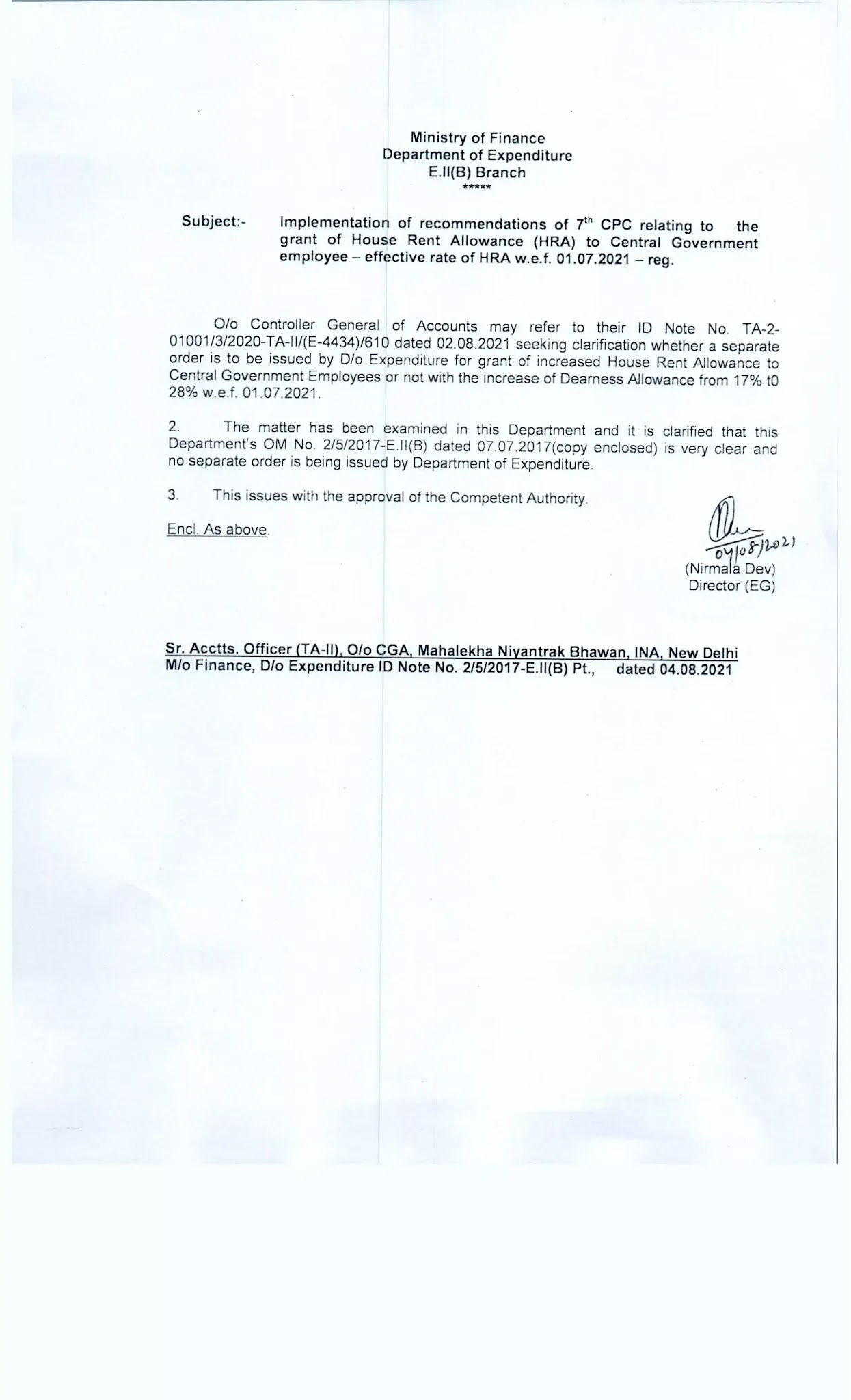 Grant of House Rent Allowance (HRA) to Central Government employees ...