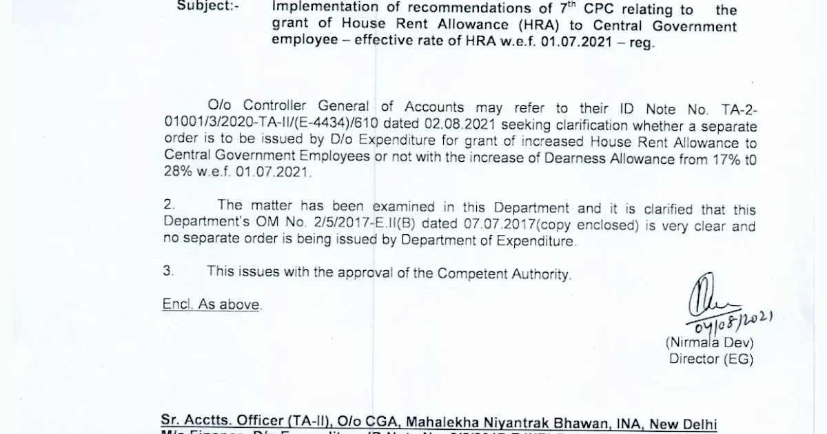 Grant Of House Rent Allowance HRA To Central Government Employees grant-of-house-rent-allowance-hra-to-central-government-employees