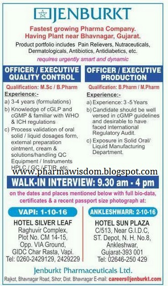 Jenburkt Pharmaceuticals Ltd - Walk-In Interview for QC / Production on ...