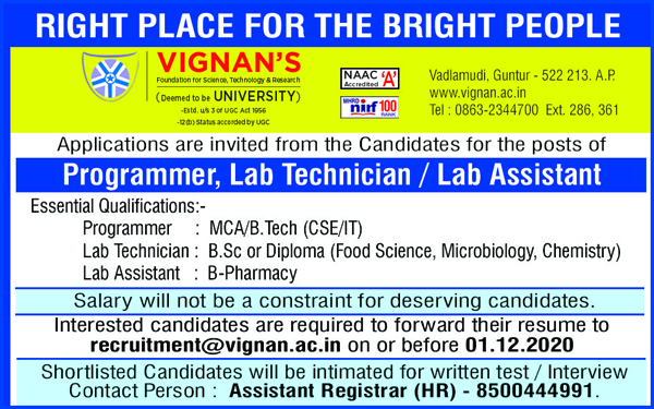 Vignan's University Microbiology Lab Technician Job Opening