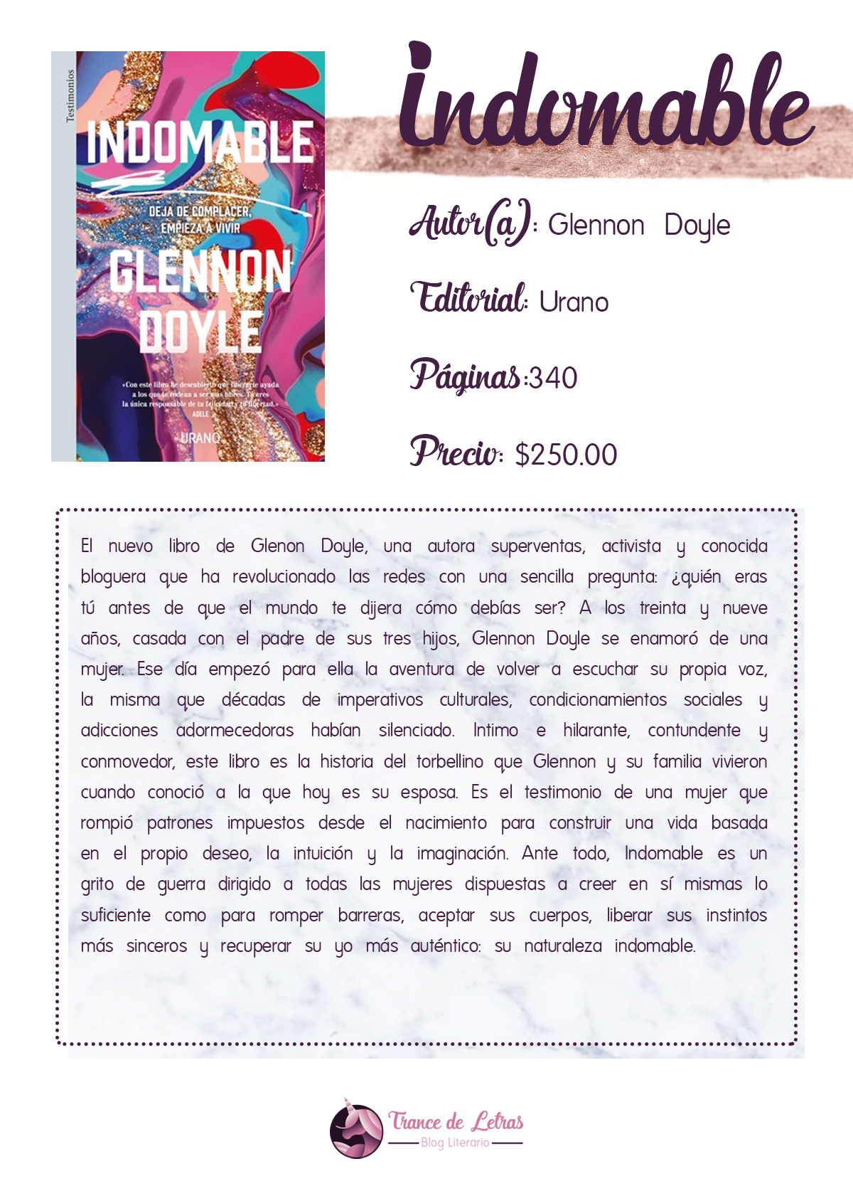 Trance de Letras: Reseña: Indomable de Glennon Doyle