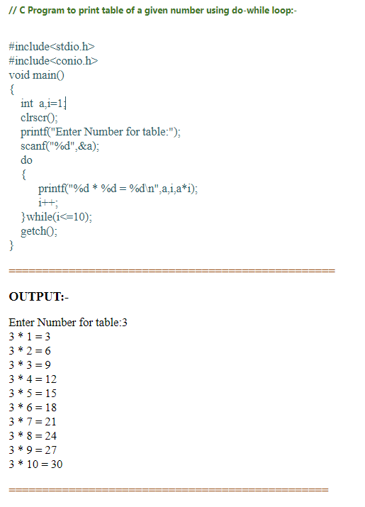C Program To Print Table Of A Given Number Using Do While Loop