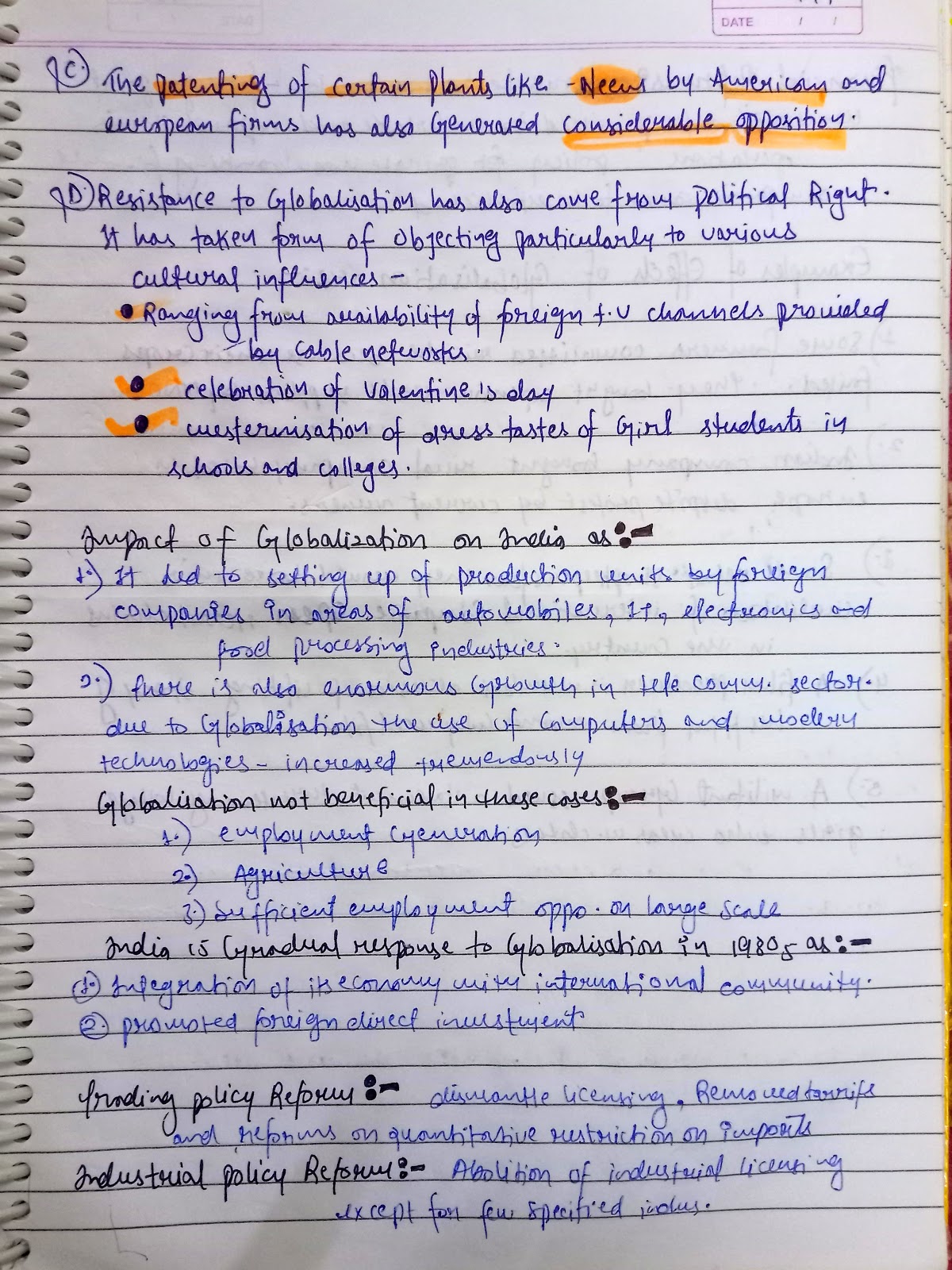 handwritten notes of Globalisation-[political science] class 12th ...