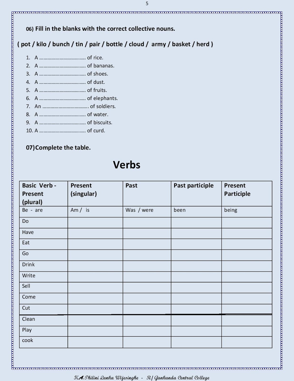 Anuladevi Balika Vidyalaya - Galle: Grade 8 -English Assignment