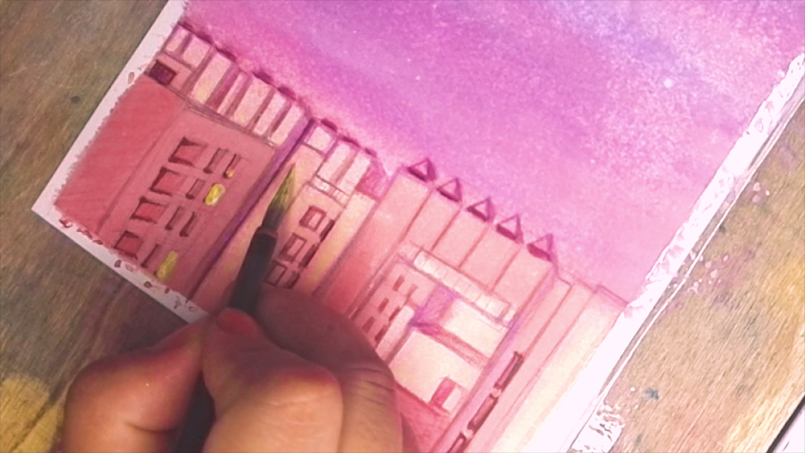 How to draw a pink style sunset with watercolor tutorial step by step ...