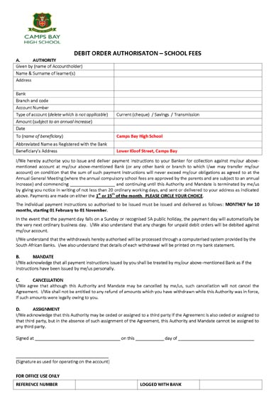 Camps Bay High School: CBHS School Fees Authorisation Form