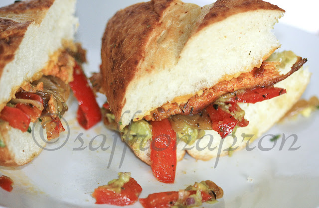 Saffron Apron: Chicken sandwich with red pepper relish and guacamole