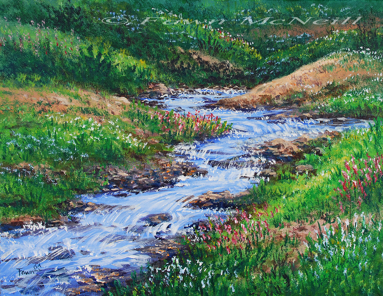 Fawn's Paintings: Healing Waters, stream with flowers