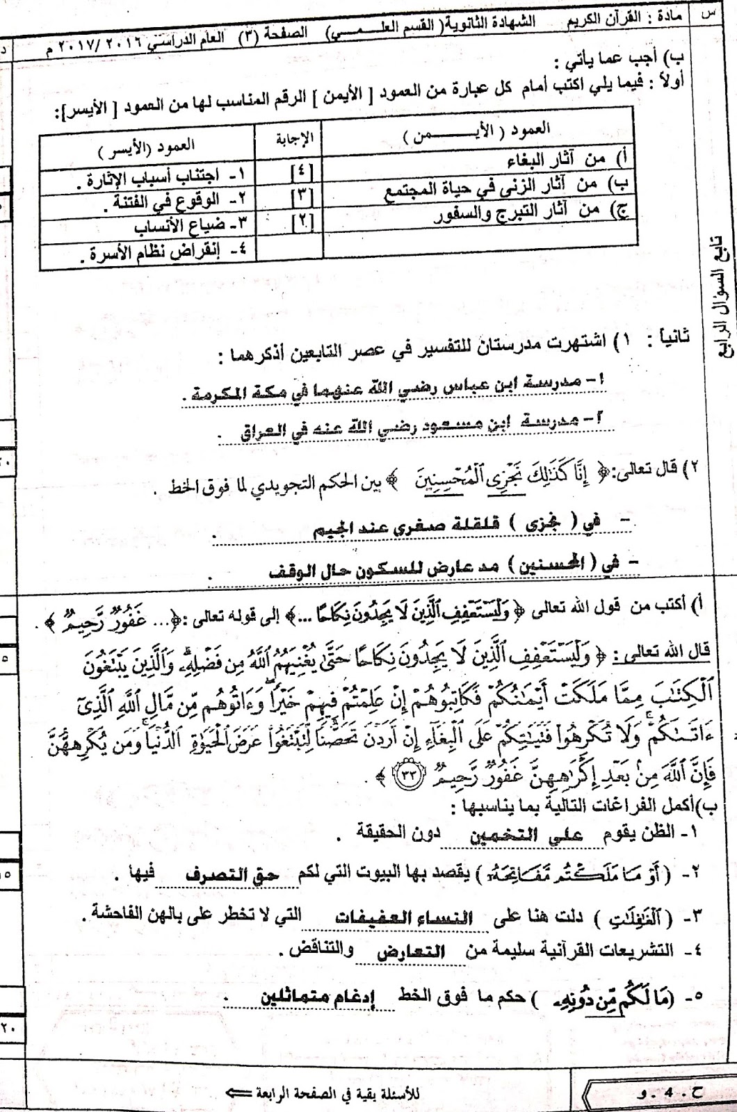 قران النموذج الرابع حلول نماذج اختبارات وزارية اليمن ثالث ثانوي