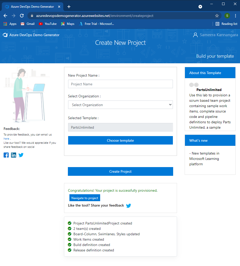 Creating PartsUnlimited Azure DevOps Sample project