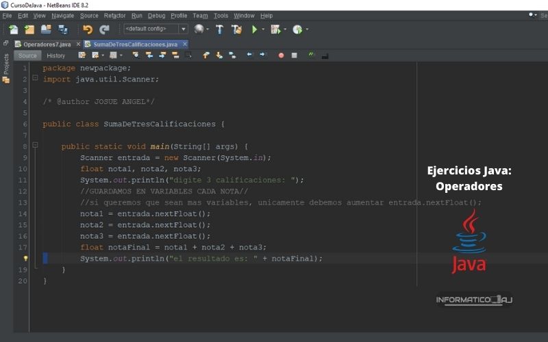 EJERCICIOS RESUELTOS de JAVA: Operadores / Suma de Tres Calificaciones