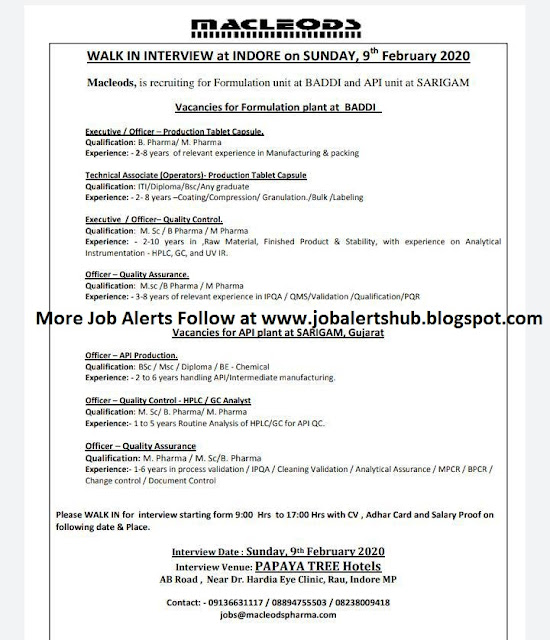 Macleods Pharma - Walk-In Interviews @ Indore & Vizag on 9th Feb' 2020 ...