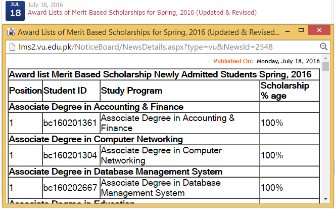 Award Lists of Merit Based Scholarships for Spring, 2016 (Updated ...
