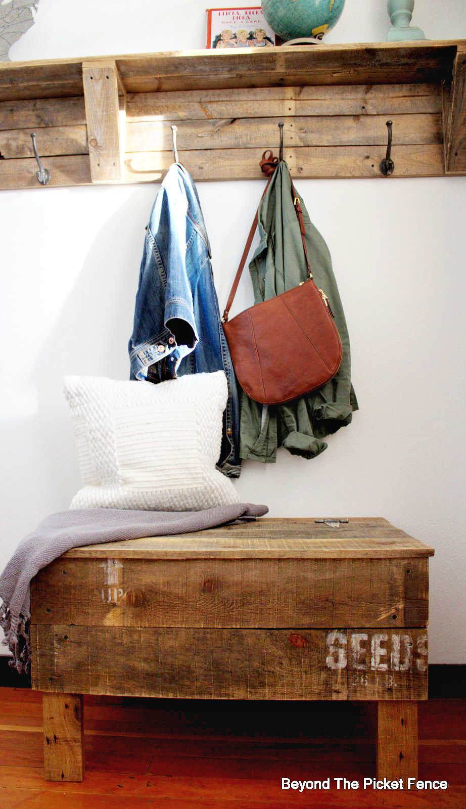 Beyond The Picket Fence: Reclaimed Pallet Wood Seed Crate Storage Bench