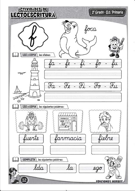 Ficha de trabajo de lectoescritura con la letra F