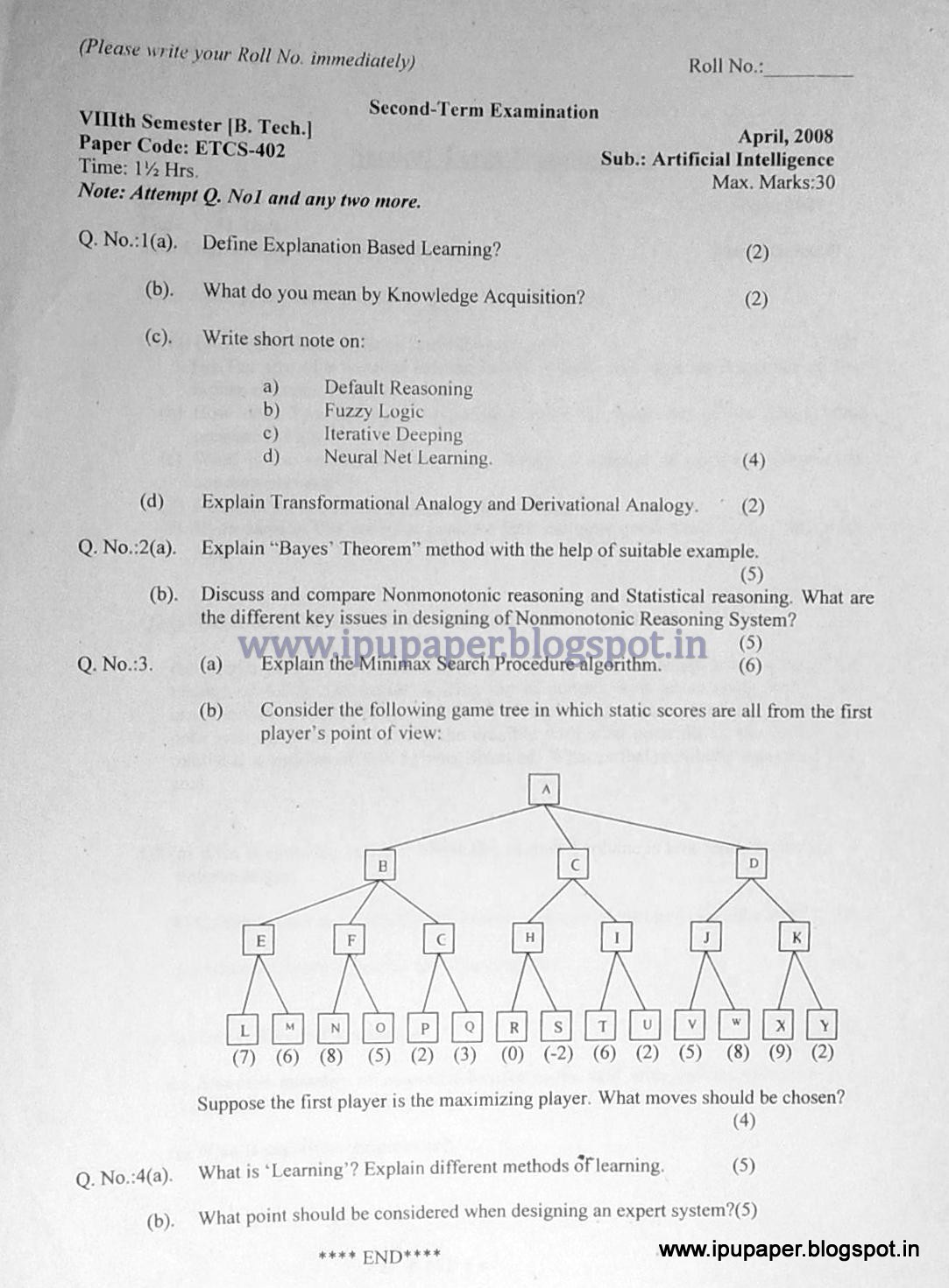 GGSIPU QUESTION PAPERS: Second Term 2008 ETCS 402 Artificial ...