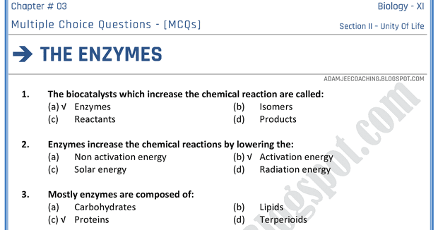 Adamjee Coaching: The Enzymes - MCQs - Biology 11th