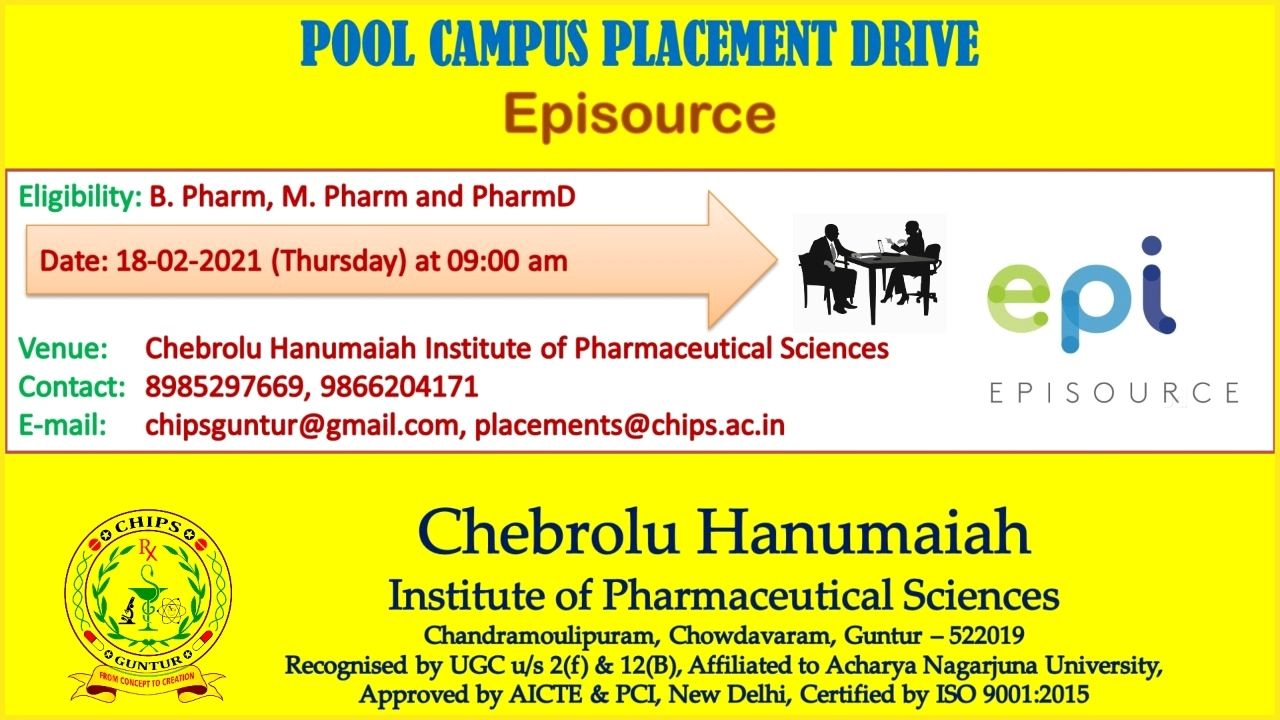 EPISOURCE - Pool Campus Drive for B.Pharm / M.Pharm / Pharm.D Freshers on 18th Feb' 2021 @ CHIPS ...
