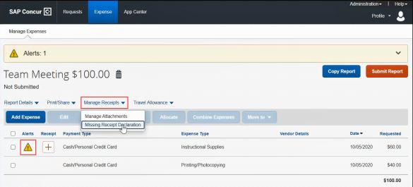 How do I submit a missing receipt declaration in the SAP Concur