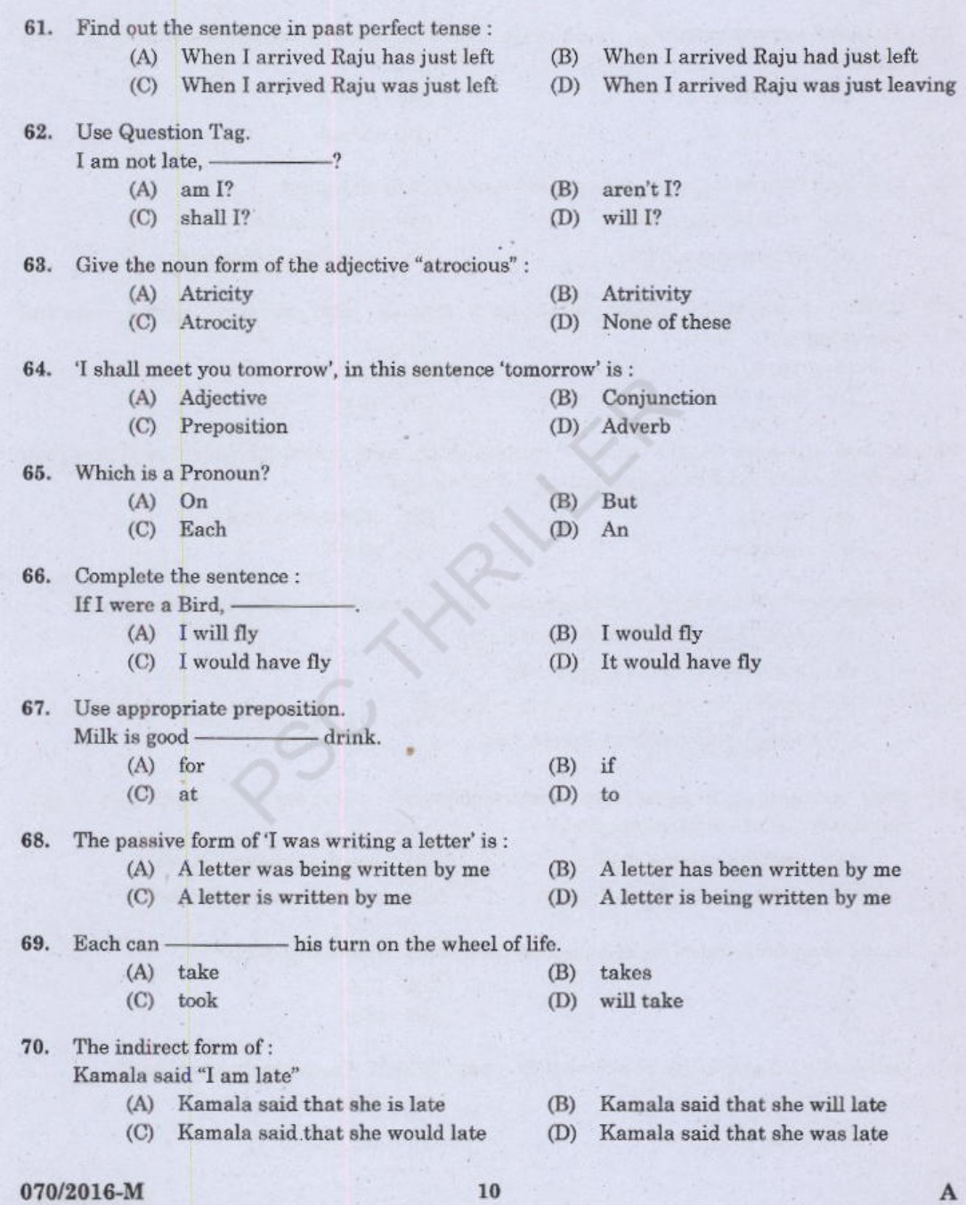 Women Police Constable -Question Paper with Answer Key-70/2016- Kerala ...