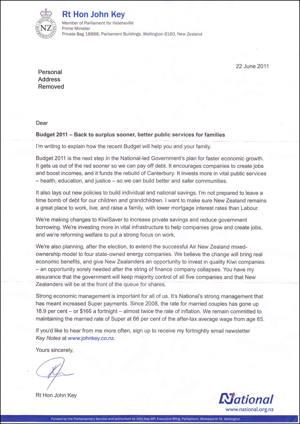 The letter seeks support for votes for the National Party by promoting ...