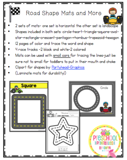 Road Shape Mats and More ~ Preschool Printables