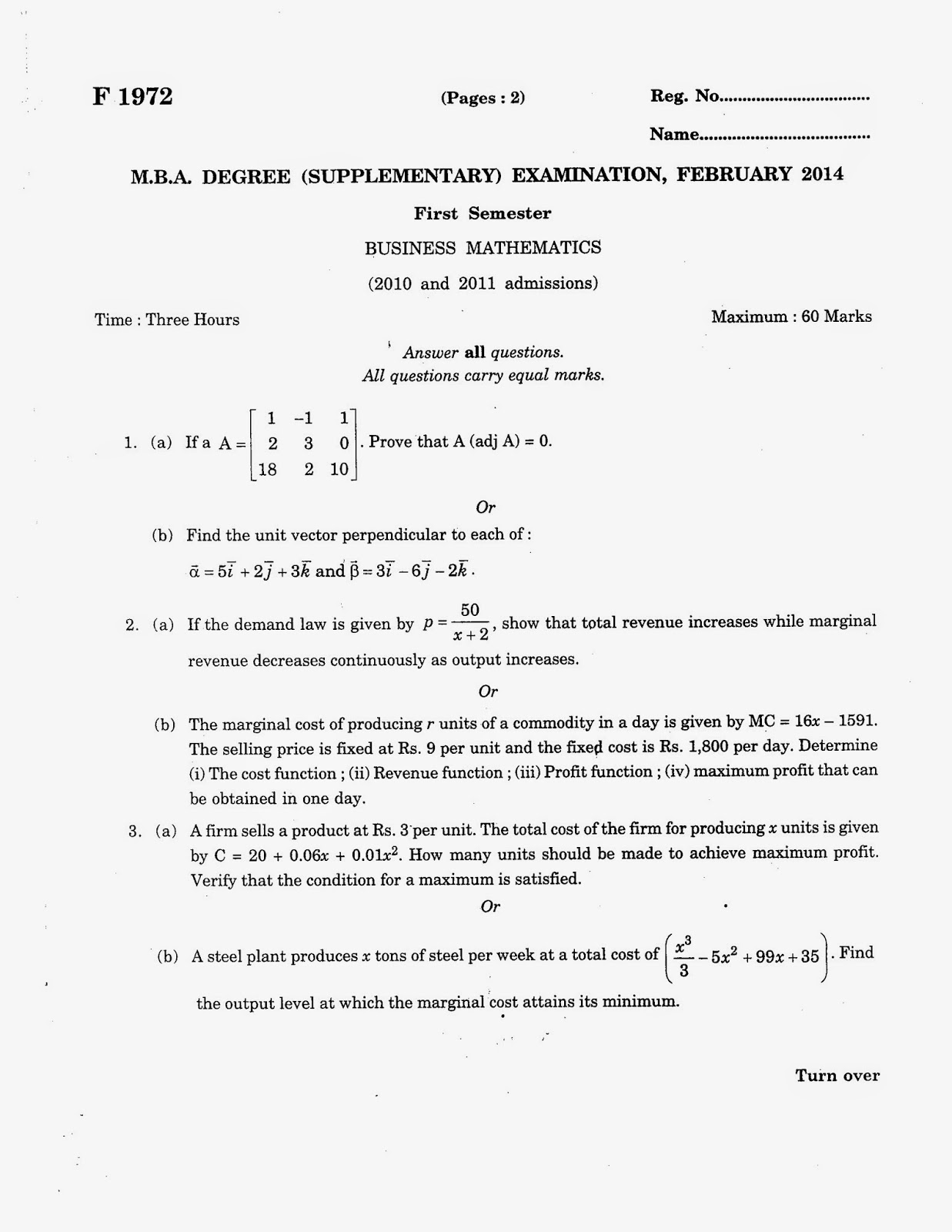 MARIAN LIBRARY: MG University MBA First Semester Question Paper 2014