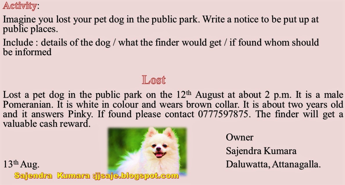 English Model Activities O/ L : NOTICES , PERSONAL NOTES AND ANNOUNCEMENTS