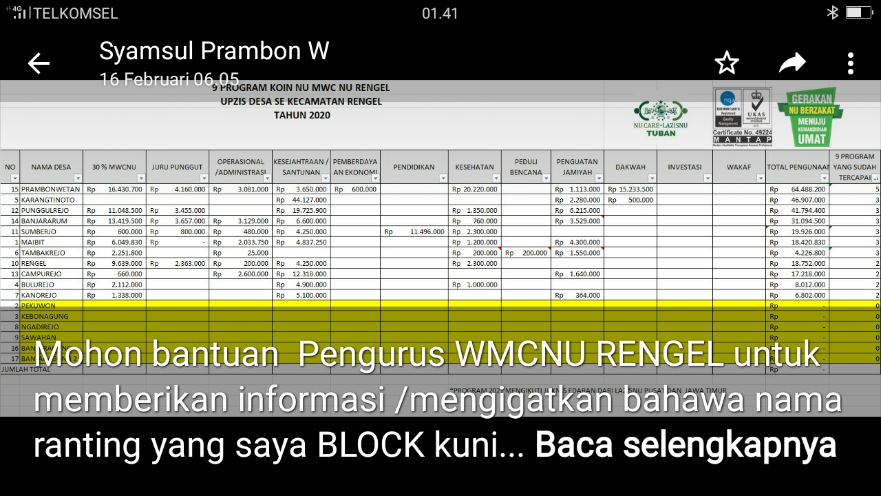 Konsolidasi Laporan Gerakan Koin NU Dari Ranting NU Sejecamatan Rengel ...