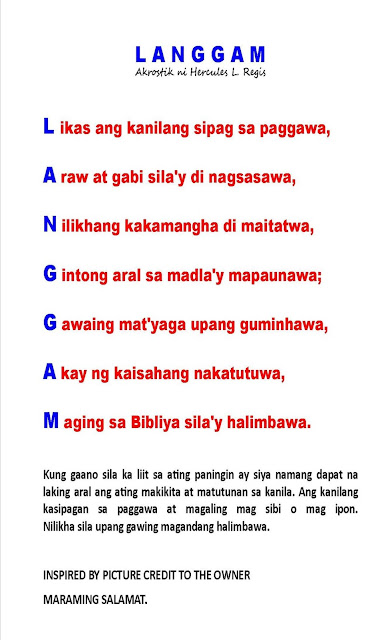 Antolohiya ng mga Tulang Akrostik at Sanaysay: LANGGAM (Akrostik)