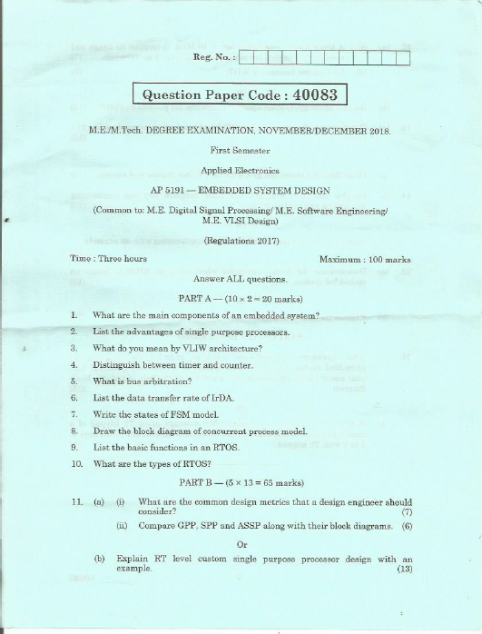 Anna University AP 5191-Embedded System Design November/December 2018 ...