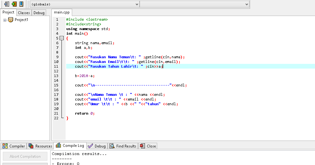 Coding C++ Sederhana Berisi Nama,Email,Tahun Lahir dan Umur. - Yuk ...