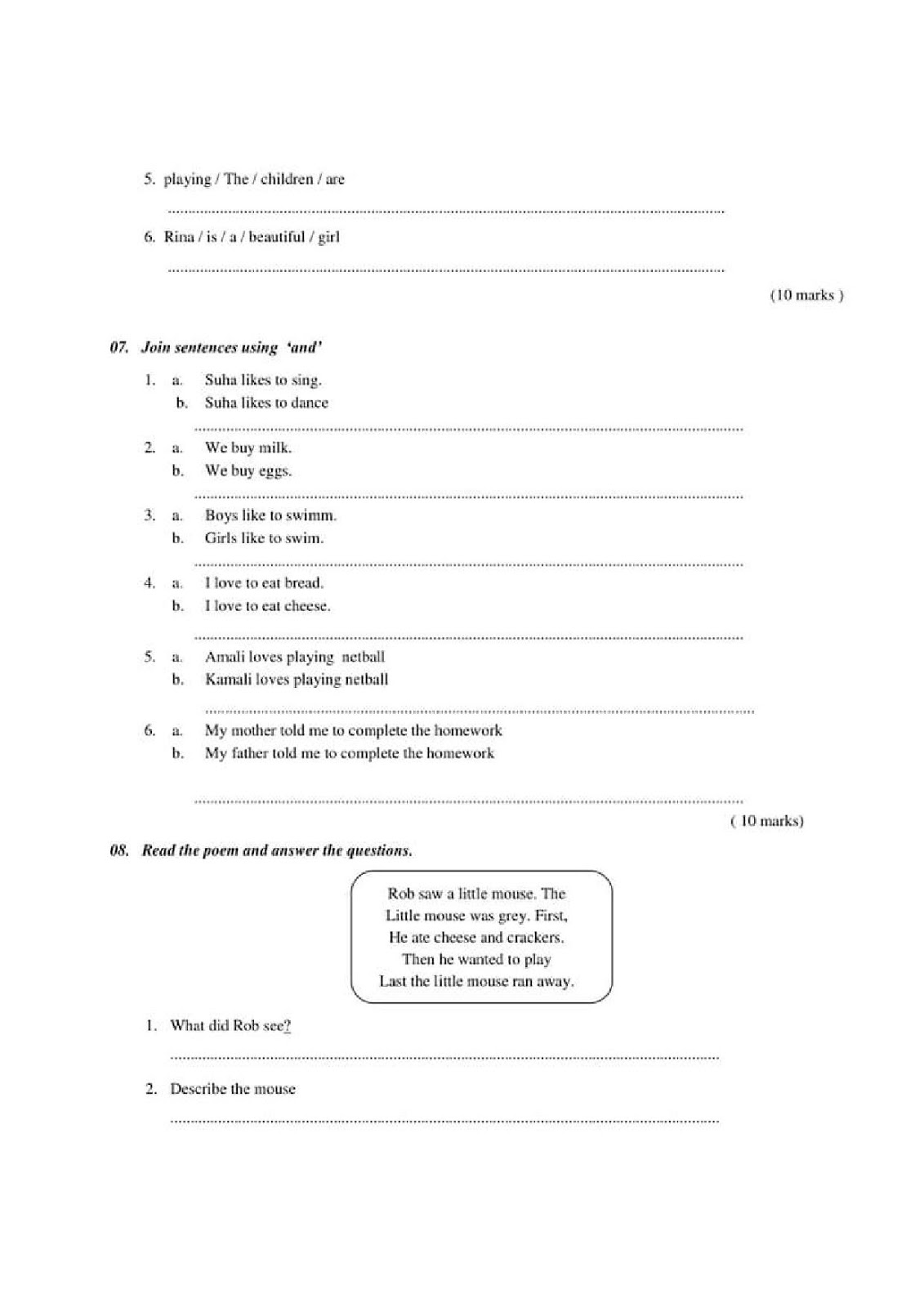 Anuladevi Balika Vidyalaya - Galle: Grade 6 - English model paper
