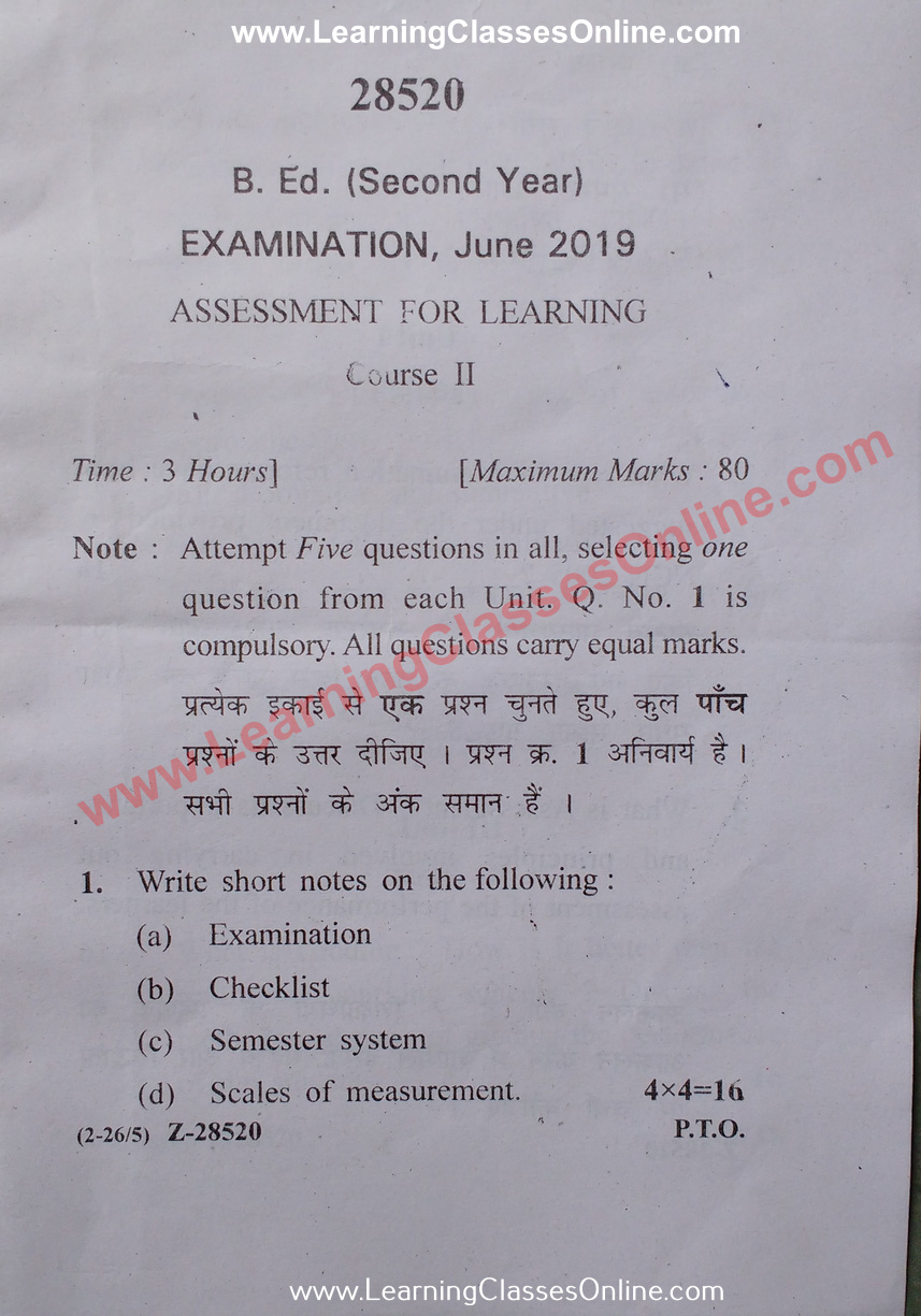 Assessment For Learning Question Paper
