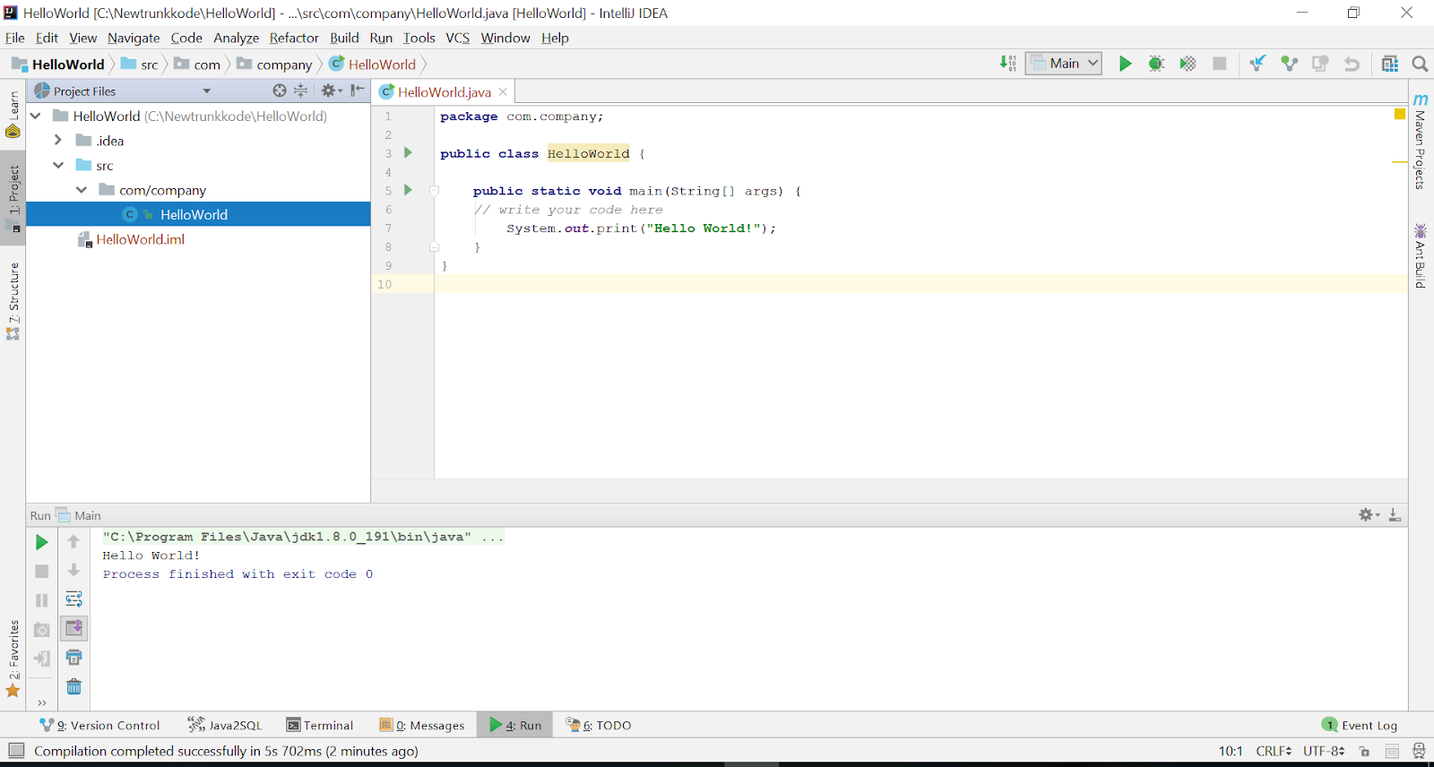 Hello World java program using Intellij