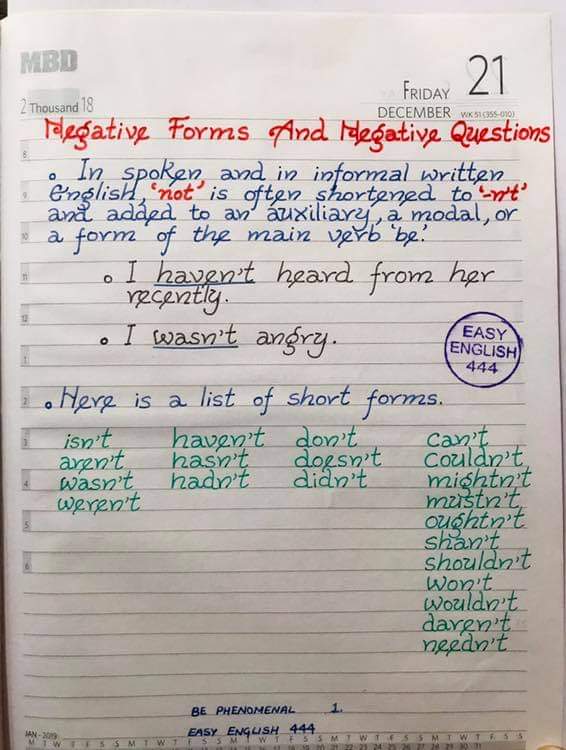 Negative Forms and Negative Questions ~ EASY ENGLISH 444