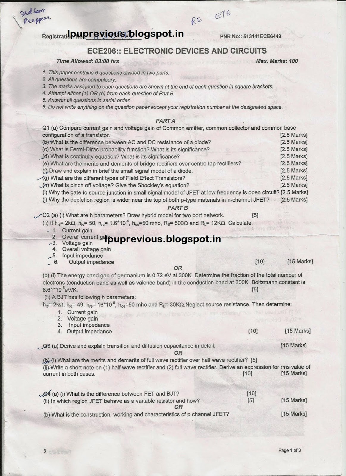 ECE 206 ELECTRONIC DEVICES AND CIRCUITS previous question papers and ...