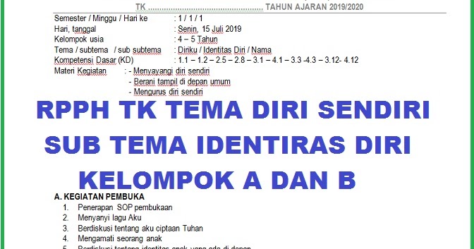 RPPH TK TEMA DIRIKU SUB TEMA IDENTITAS DIRI KELOMPOK A DAN B - ARSIP PAUD