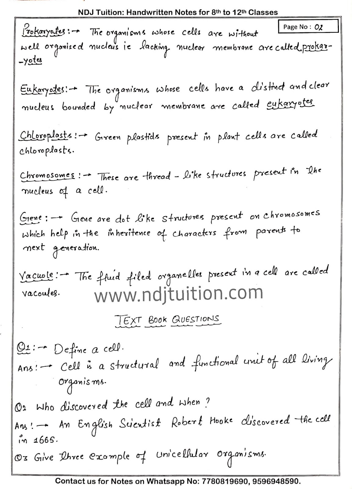 Cell - Structure and Function Handwritten Notes for 8th Class Science