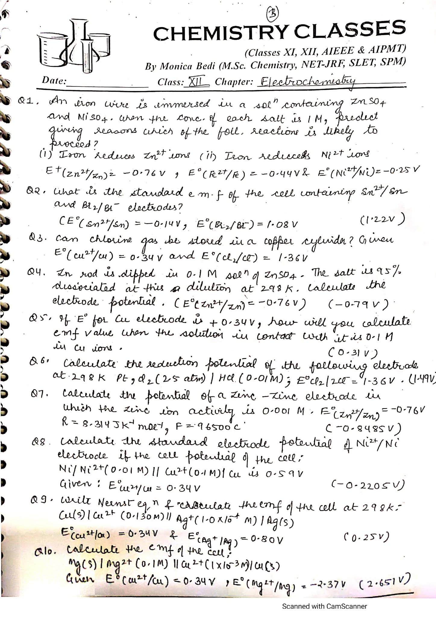 Chapter 3- Electrochemistry Class 12 Handwritten Notes PDF download