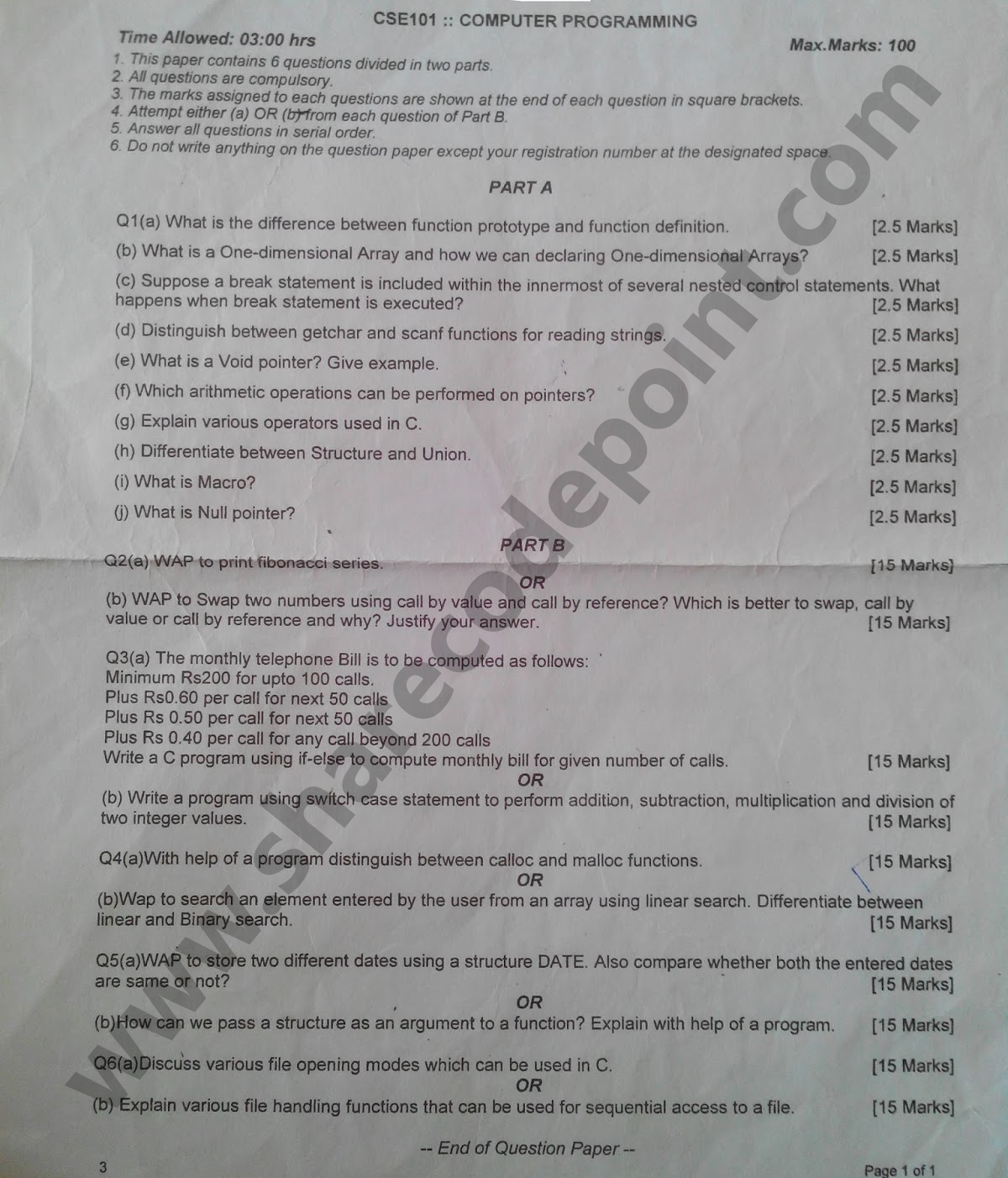 CSE101 : Computer Programming Question Paper | lpu CSE101 : Computer Programming Question Paper | lpu