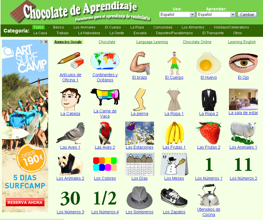 Aprende Idiomas Gratis: Vocabulario con 'Learning Chocolate'