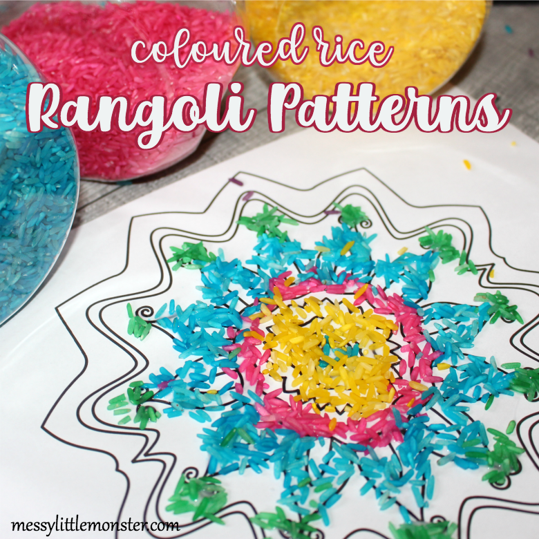 Coloured Rice Rangoli Patterns with Template - Messy Little Monster